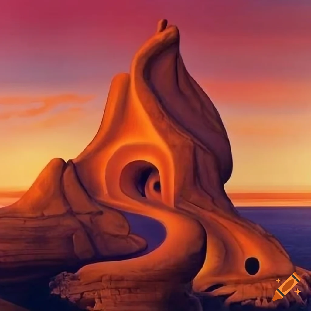Twisting rock formations rising from a serene lake with fantasy ...