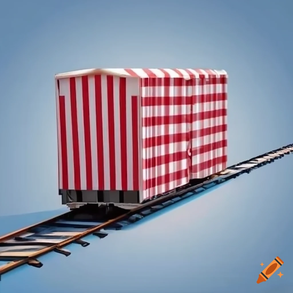 Eco-friendly train transporting red and white striped boxes on Craiyon