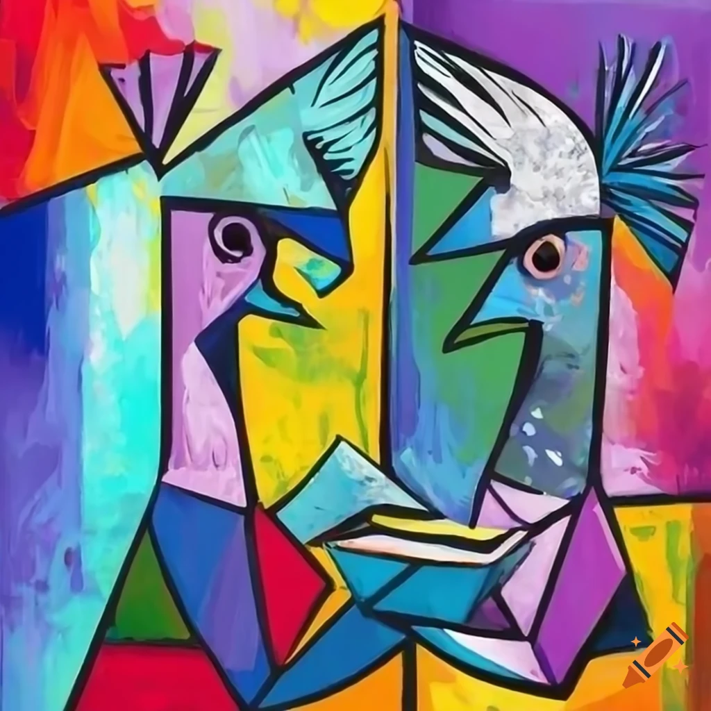 Abstract and colorful picasso artwork of pigeons interacting on Craiyon