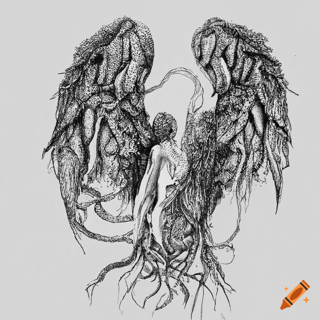 Angel wings with mycelium roots in pen and ink stipple drawing on Craiyon
