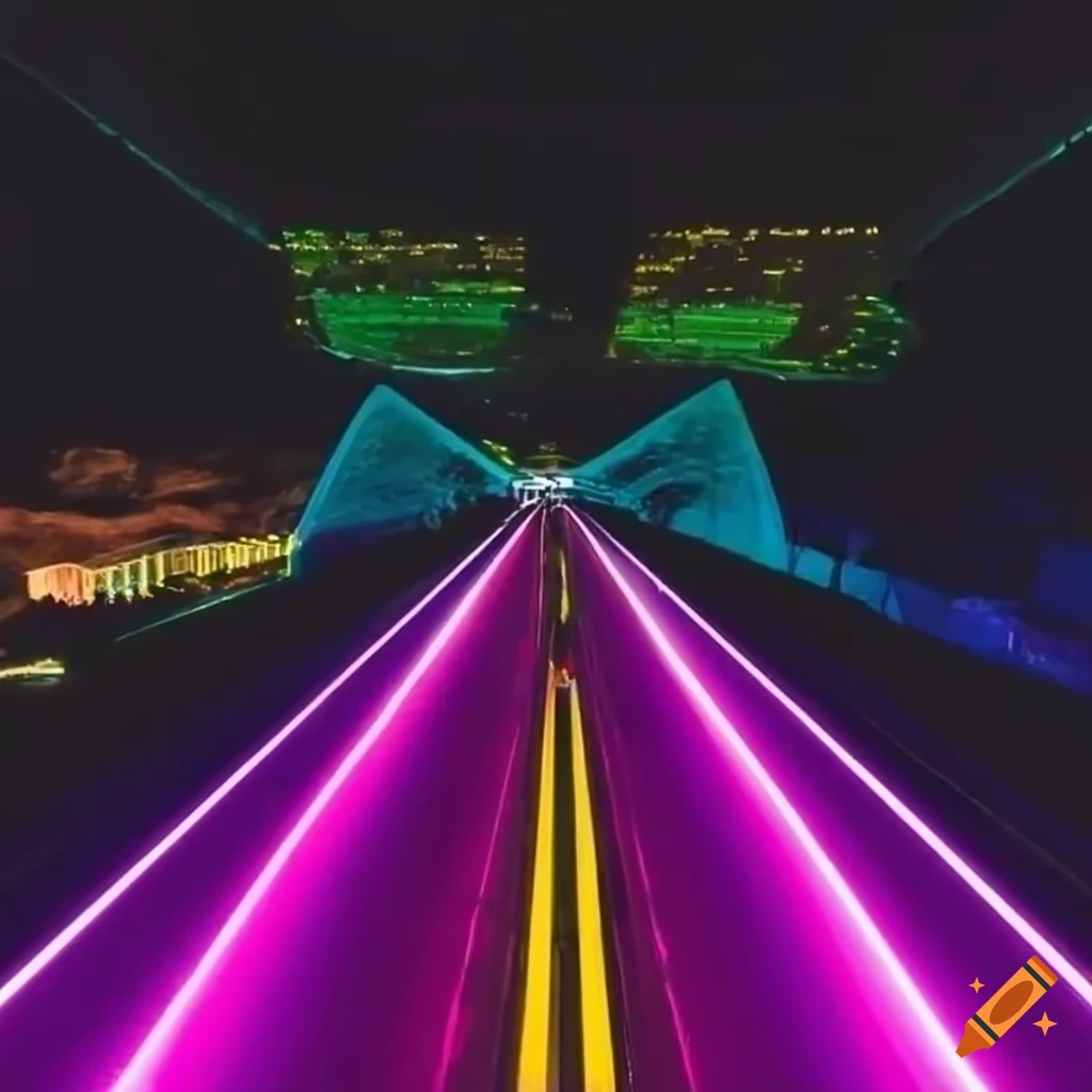 Aerial view of neon-lit straight road leading to the top on Craiyon