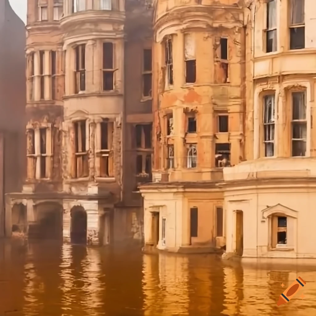 Abandoned Victorian buildings sinking into the ocean in a pale orange ...