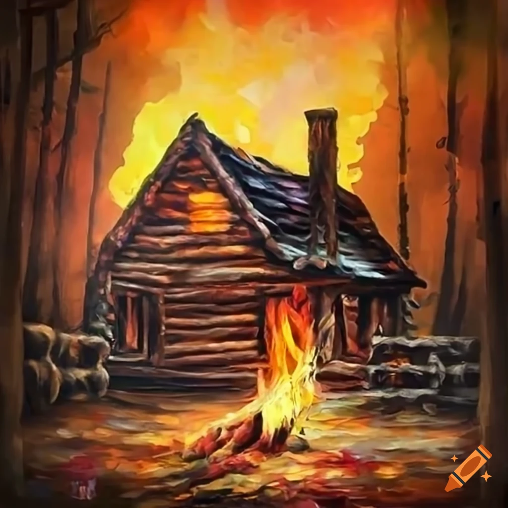 Burning log cabin in the forest on Craiyon