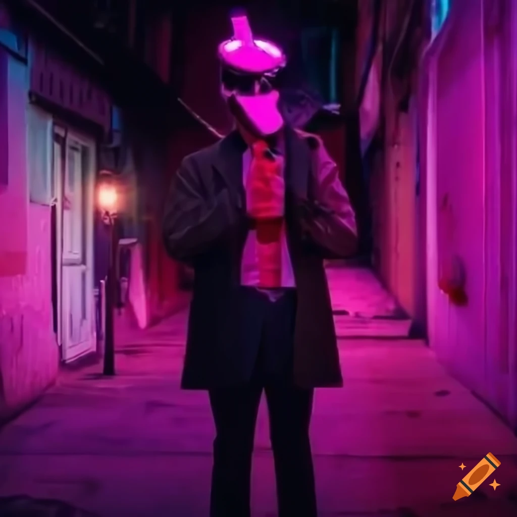 Futuristic detective with cake-shaped head in a neon-lit alleyway on ...