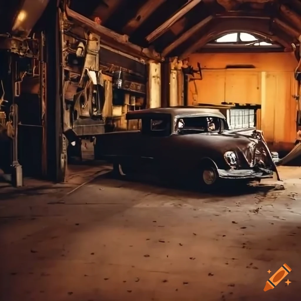 Cozy vintage car workshop with machines tooling on the floor on Craiyon
