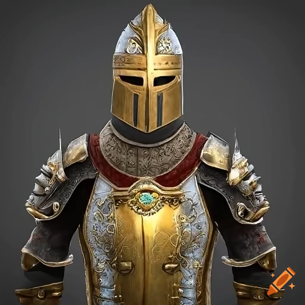 Symmetrical fantasy medieval king in golden armor and crusader helmet ...