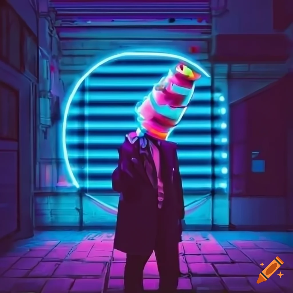 Futuristic detective with cake-shaped head in a neon-lit alleyway on ...
