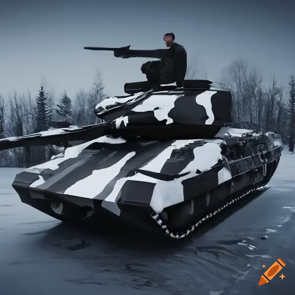 Sleek black and white tank with snow camouflage and giant jet engines ...