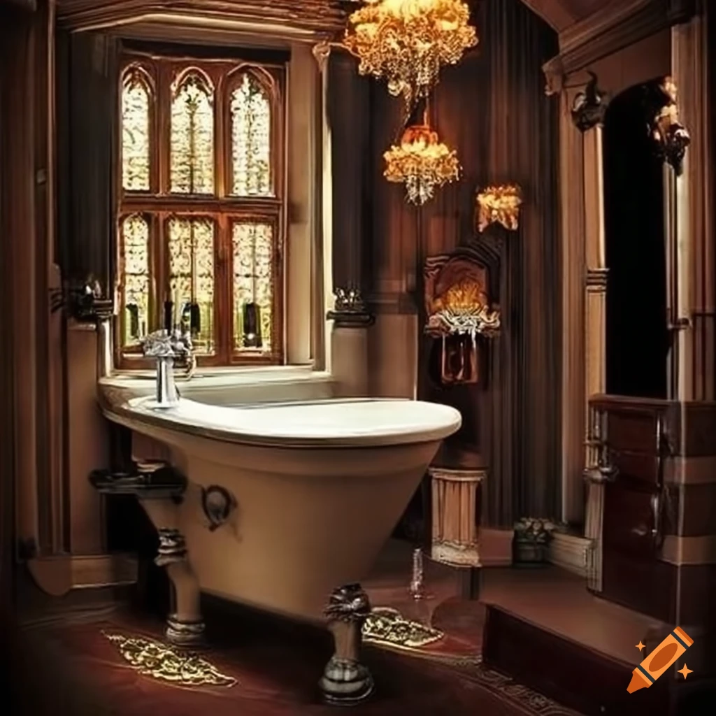 Beautiful victorian bathroom with gothic style shower, sink, and toilet ...