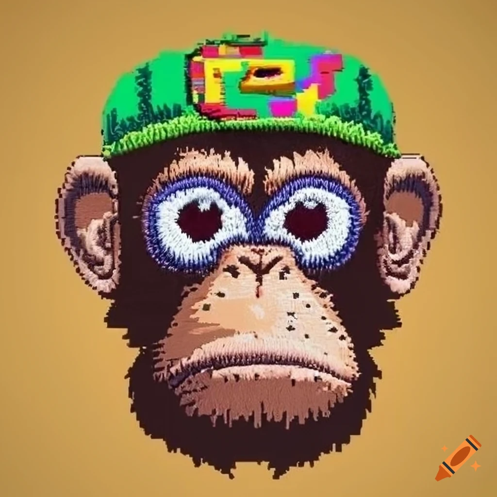 Mustachioed ape from classic video game in colorful patch design on Craiyon