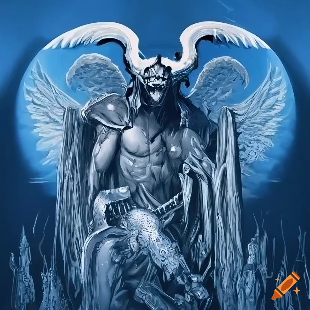 Artwork of an angelic demon apostle with a beautiful male face in blue ...