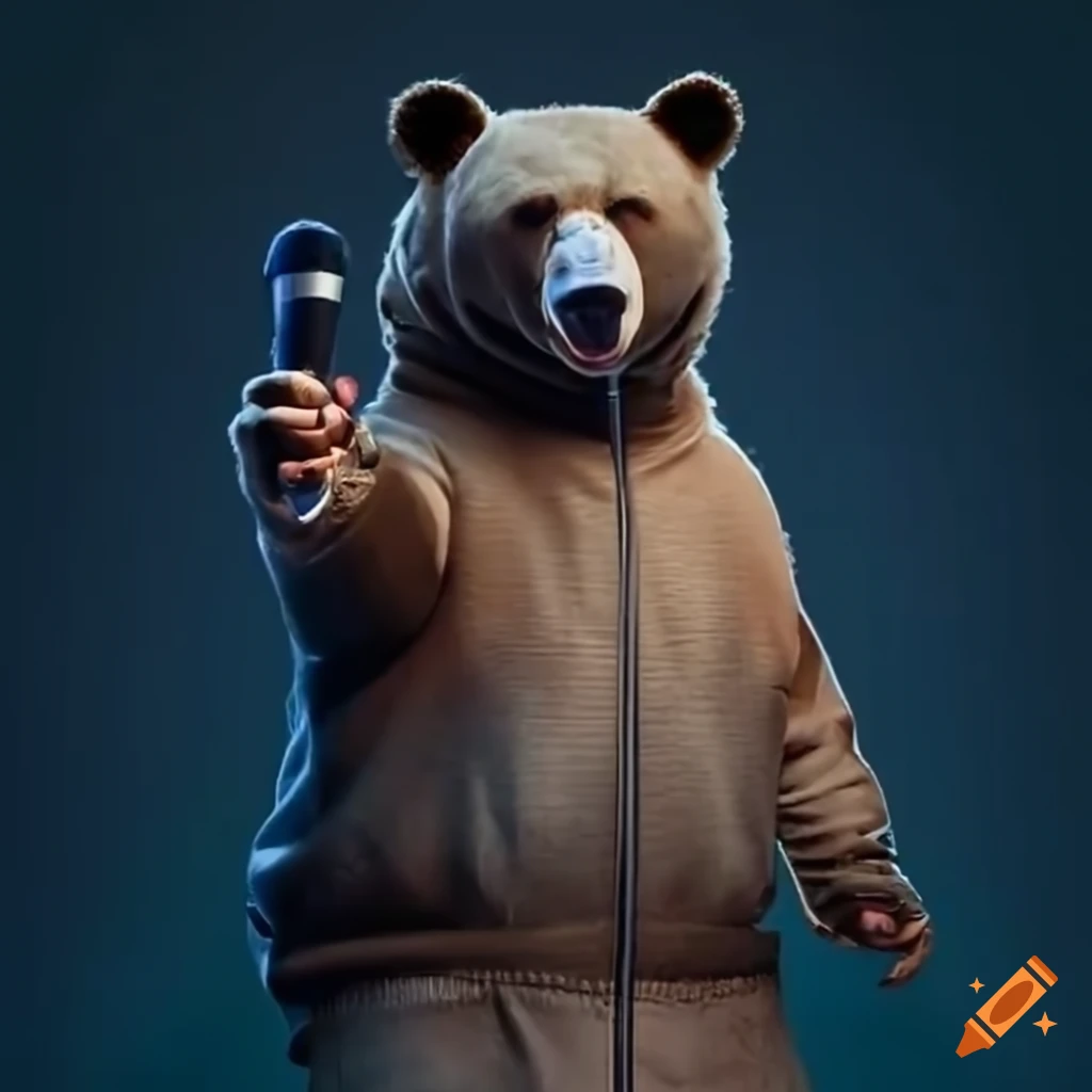 Bear wearing hip hop fashion standing onstage with microphone on Craiyon