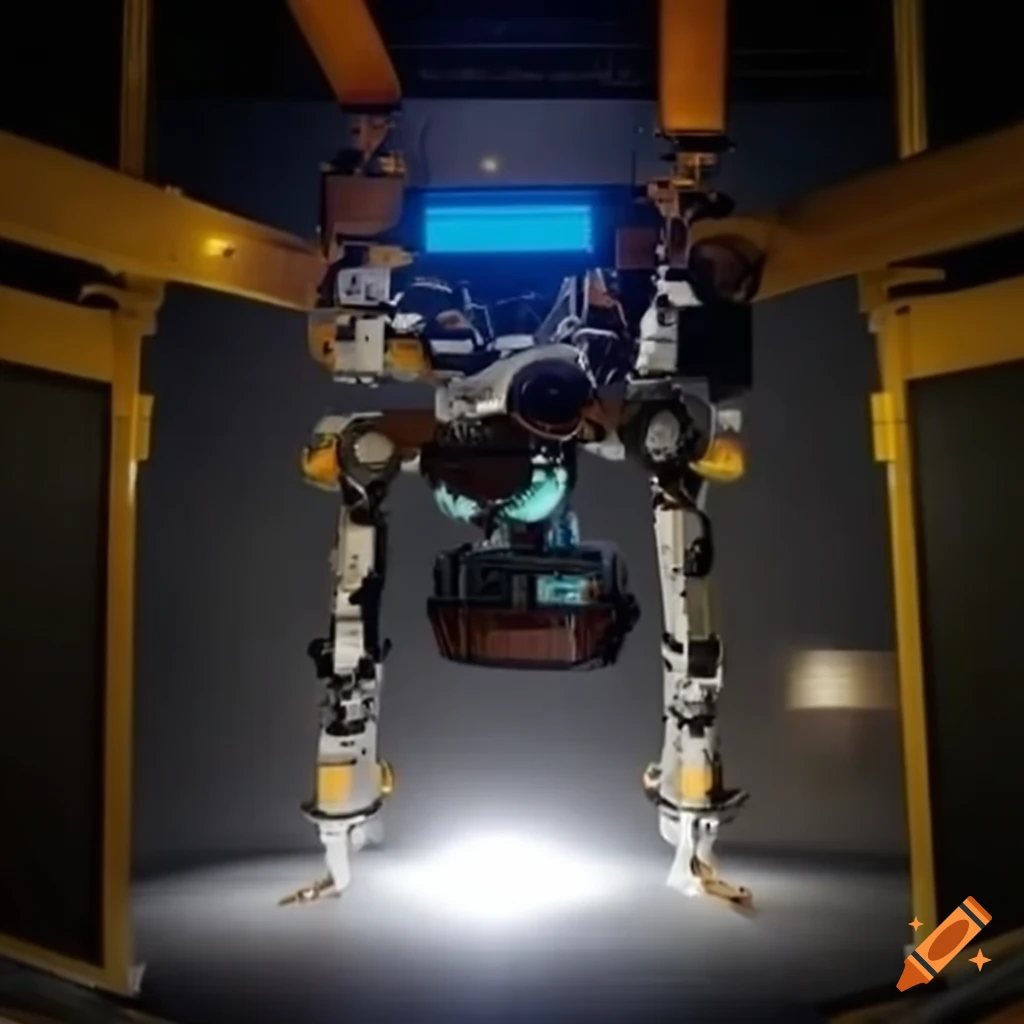 Giant robot maker crafting a smaller robot on the ceiling on Craiyon