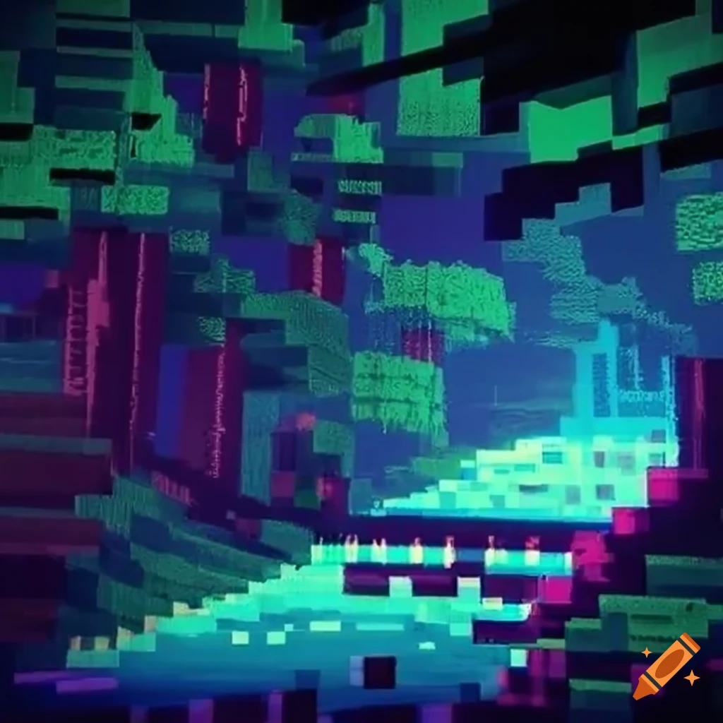 Young man building a bridge in pixelated minecraft game with ghostly ...