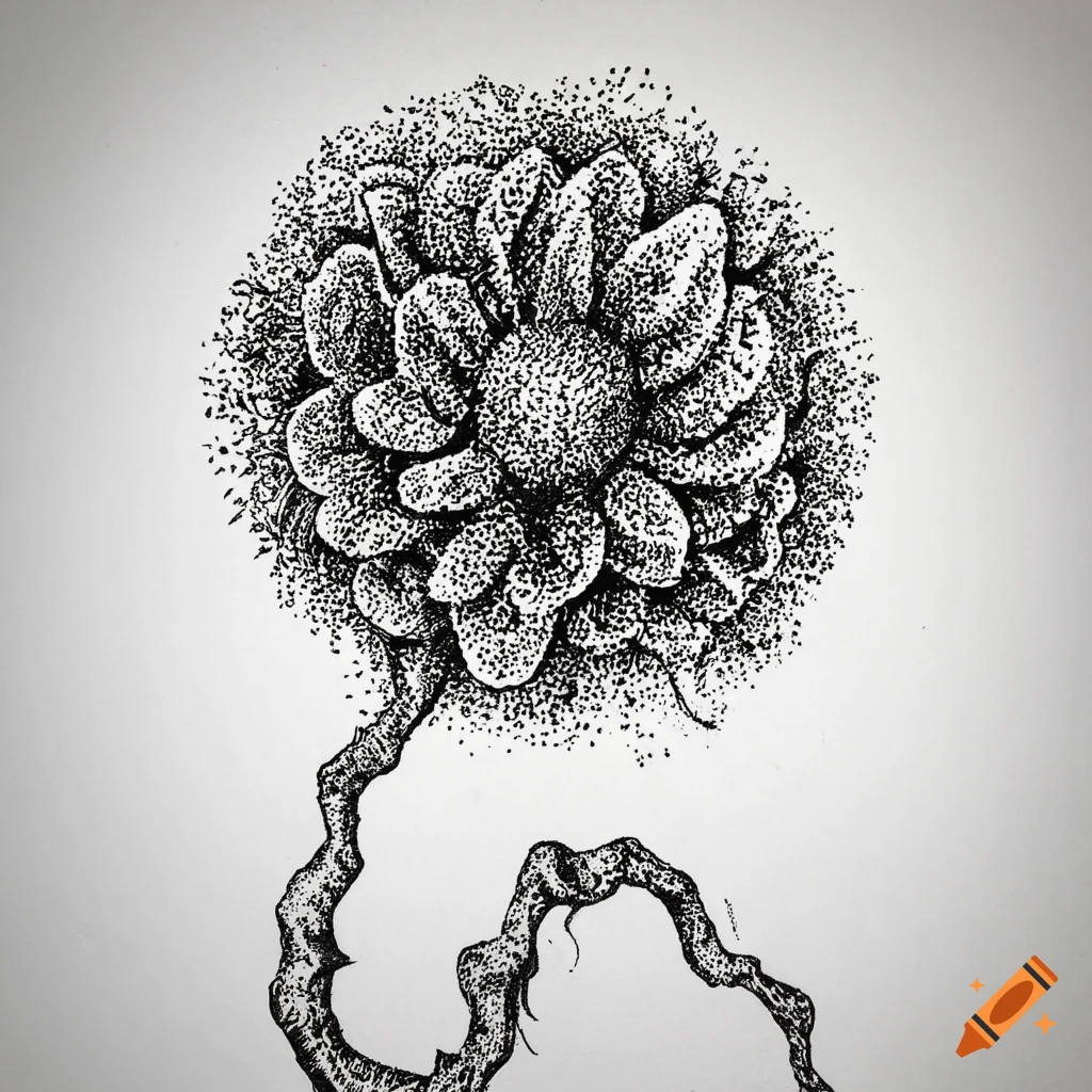 Flower with mycelium roots in pen and ink stiple drawing on Craiyon