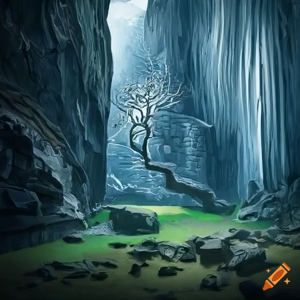 Artwork of an otherworldly underground with a dwarf town and a giant ...