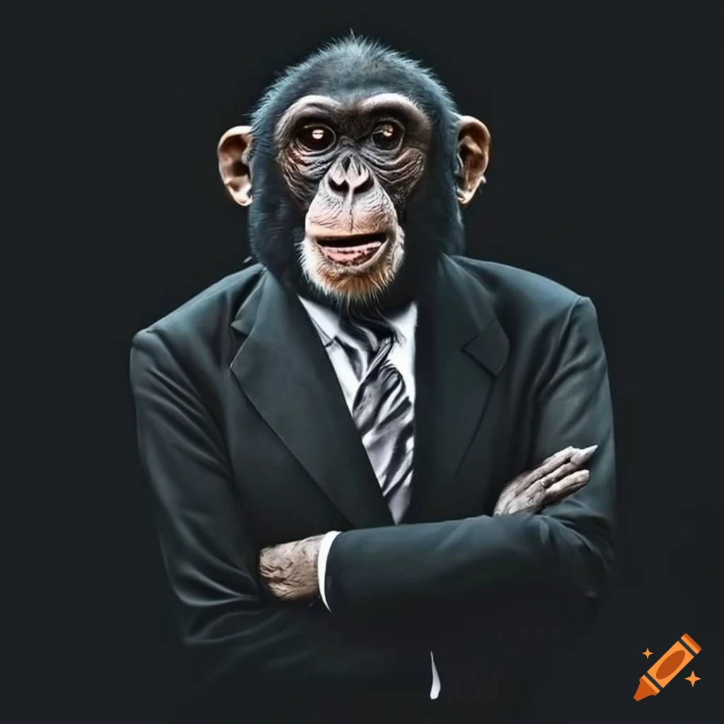 Chimpanzee in a black and white suit on Craiyon