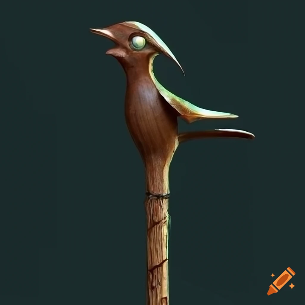Wooden mockingbird staff in a fantasy art setting on Craiyon