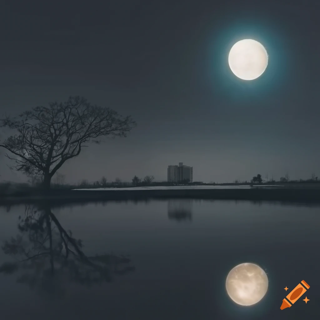 River with moon reflecting off water and a blossom tree under the night ...