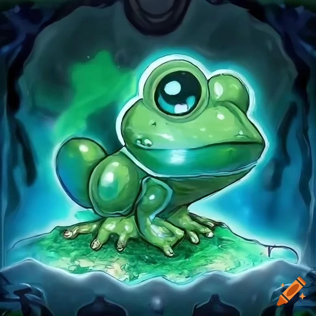 Cute jade frog in a misty yu-gi-oh card artwork style on Craiyon
