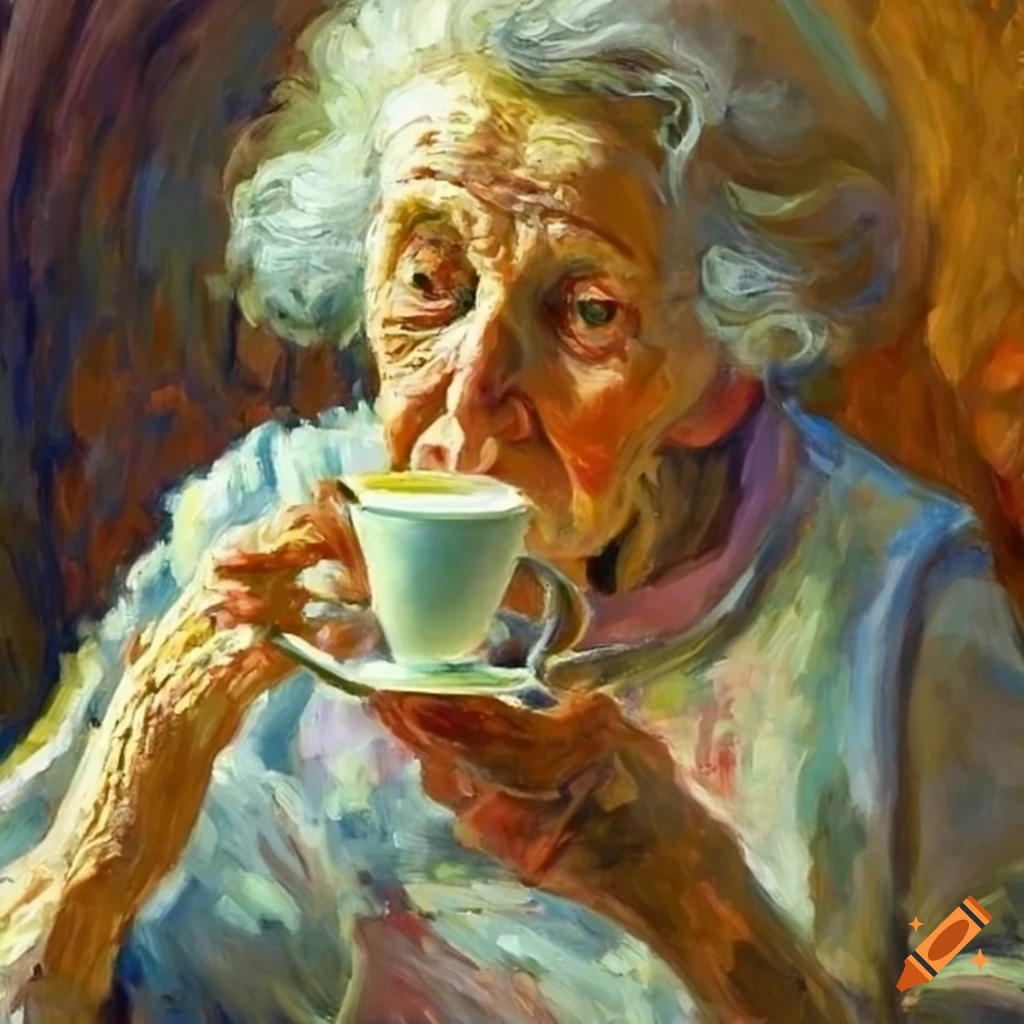 Old woman enjoying tea in an impressionist style on Craiyon