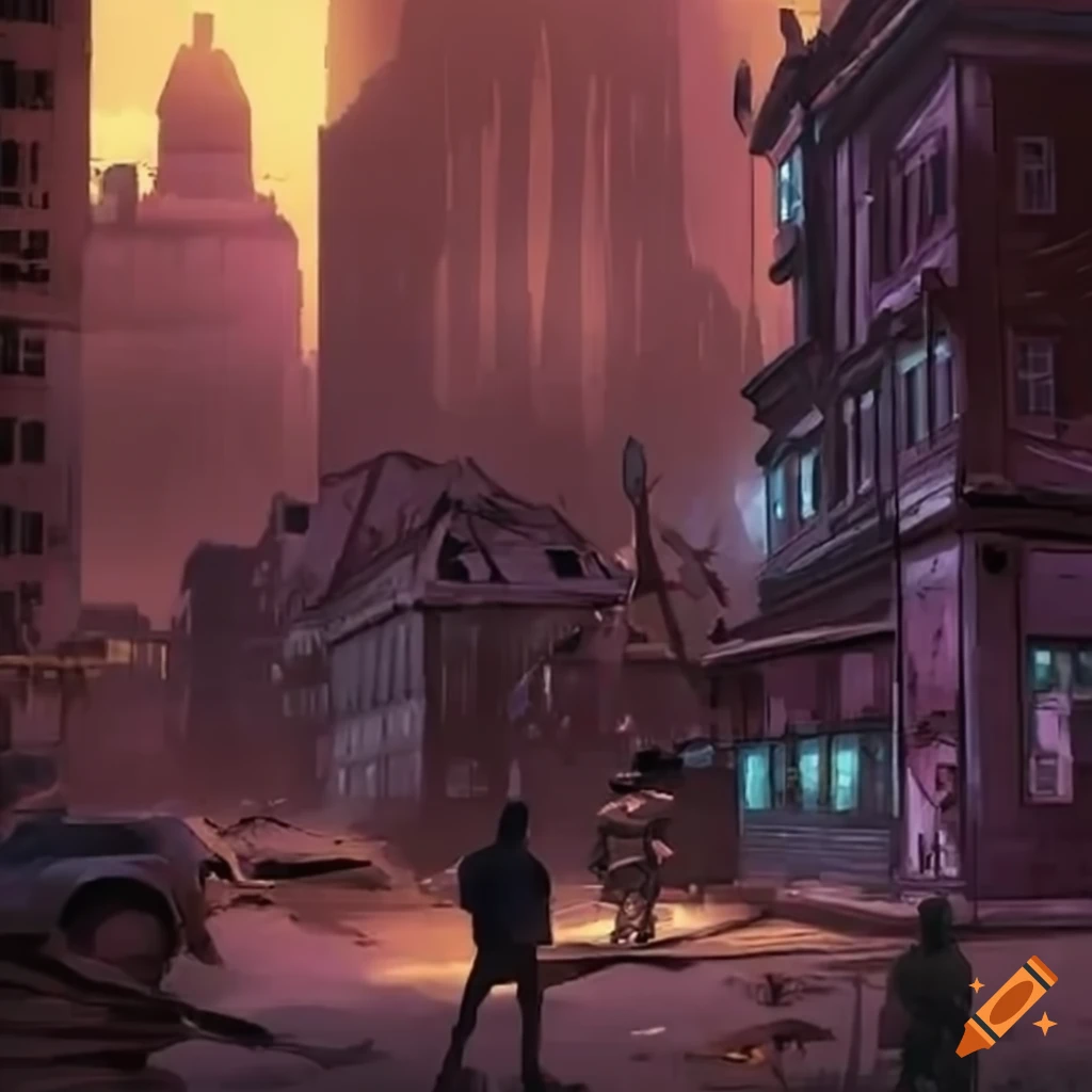 Neighborhood affected by eldritch horror with visible damage on Craiyon