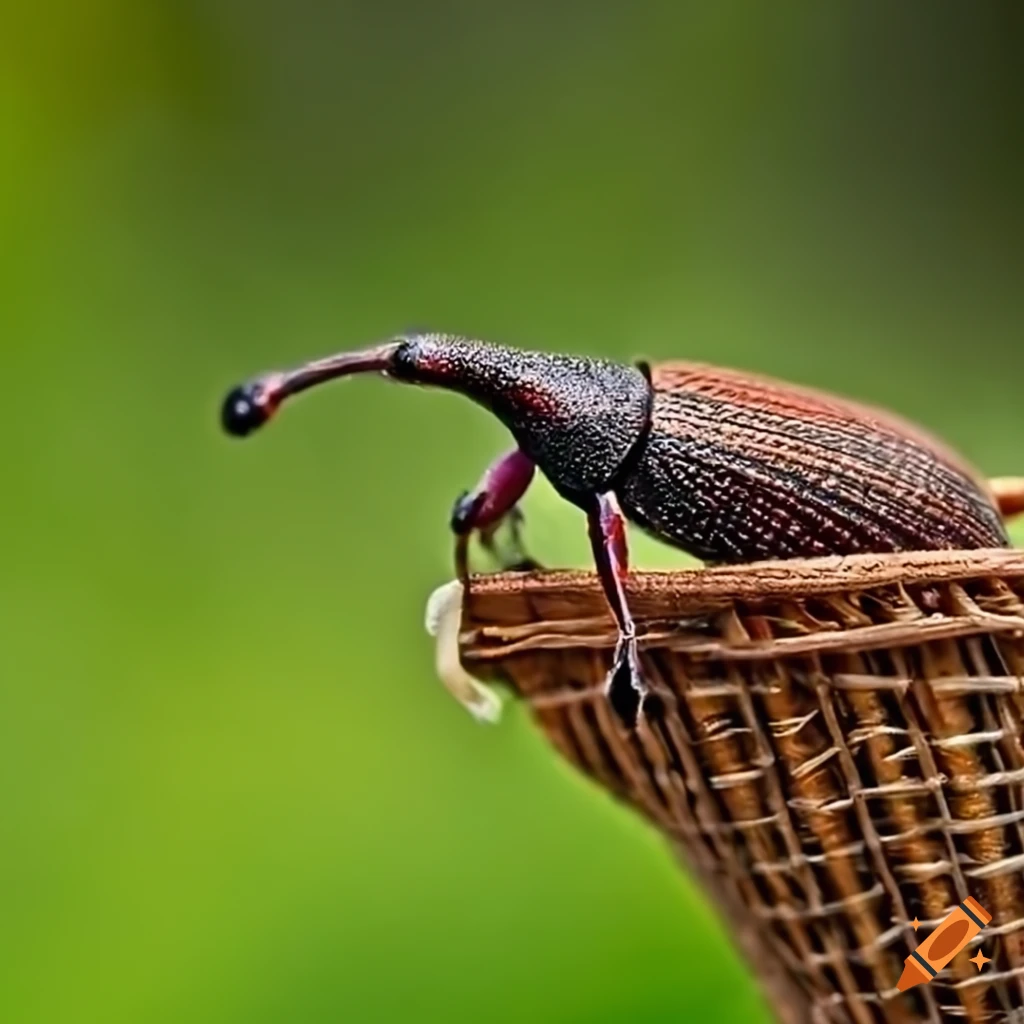 Macro shot of a long-nosed weevil with a harvest basket in a flower ...