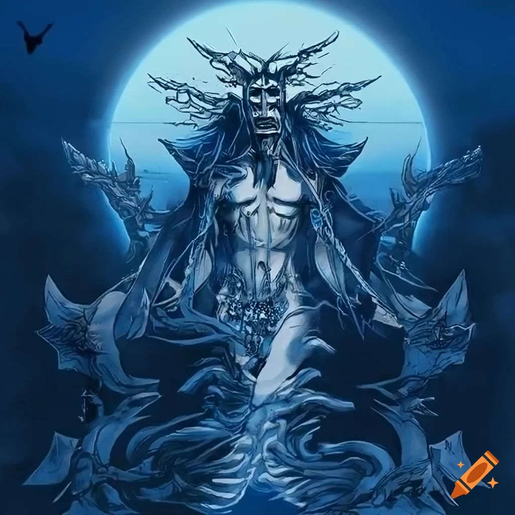 Artwork of an angelic demon apostle with a beautiful male face in blue ...