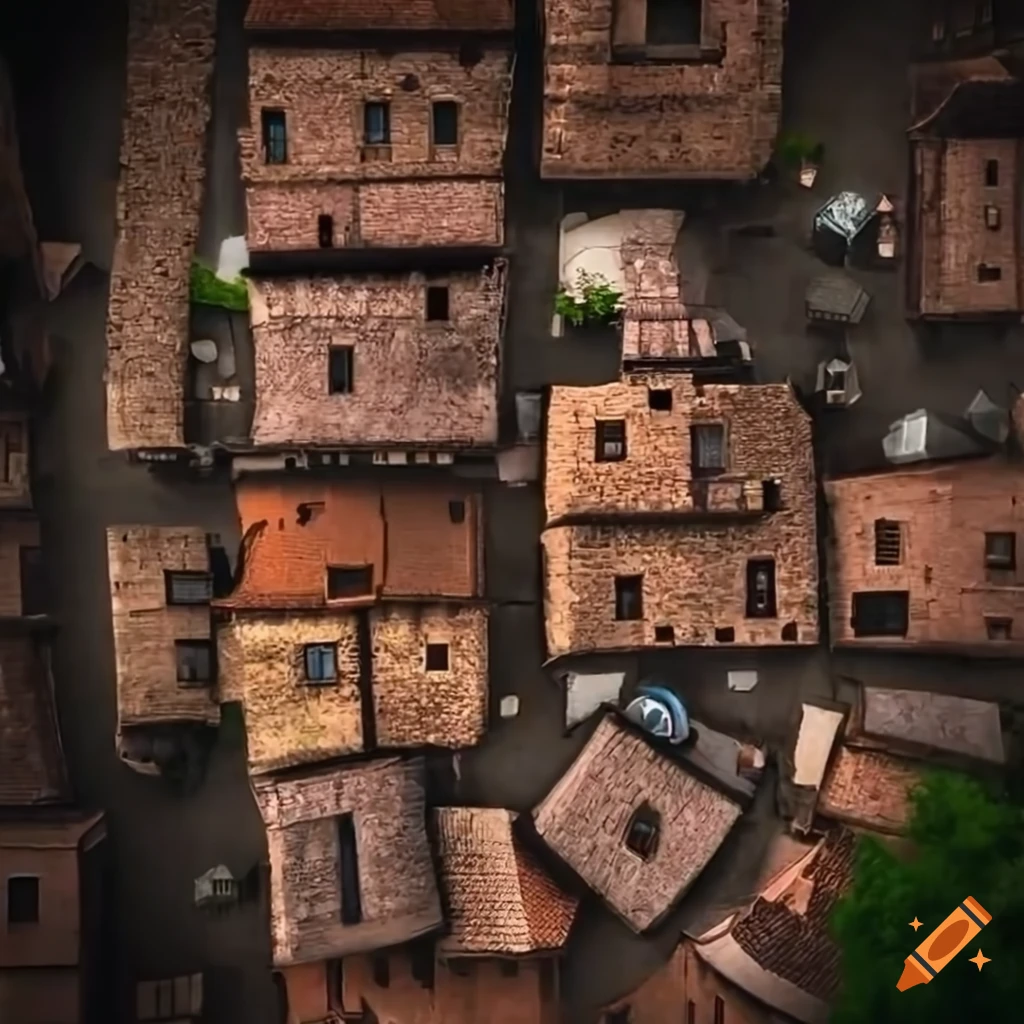 Top-down view of a medieval village with streets and varied ground ...