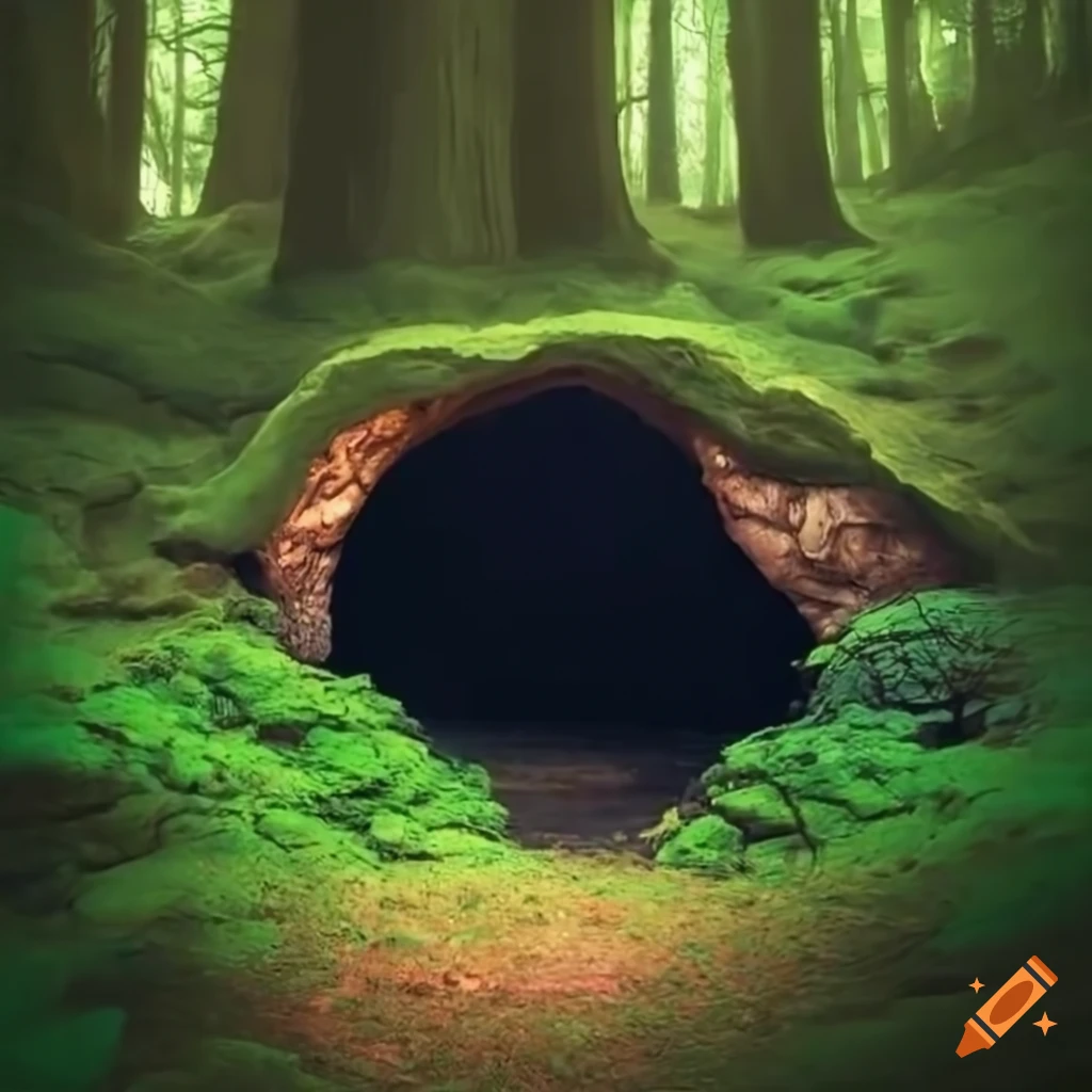 Small cave in a bright forest during the day on Craiyon