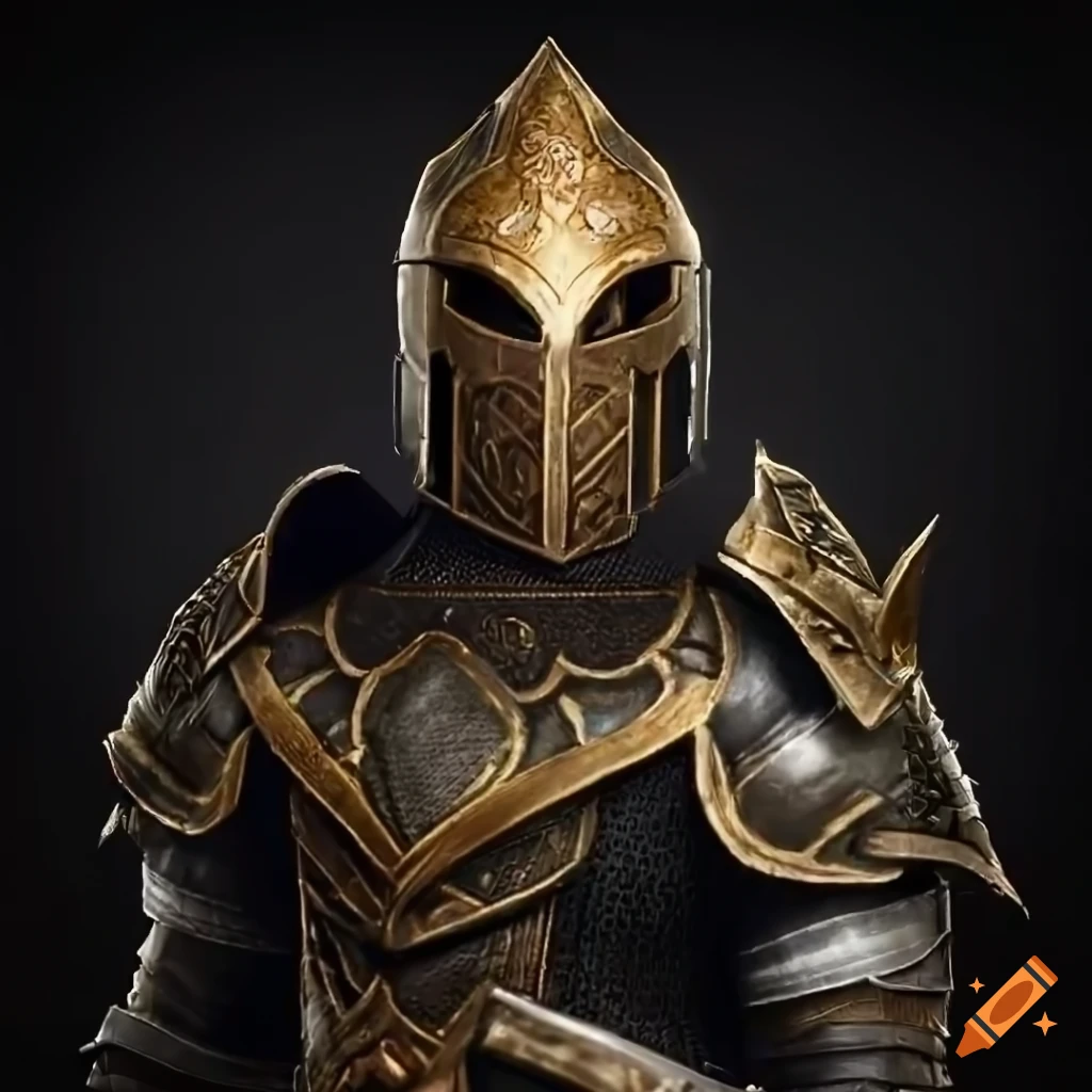Photorealistic knight in Kingdoms of Amalur: Reckoning style armor and helmet on Craiyon