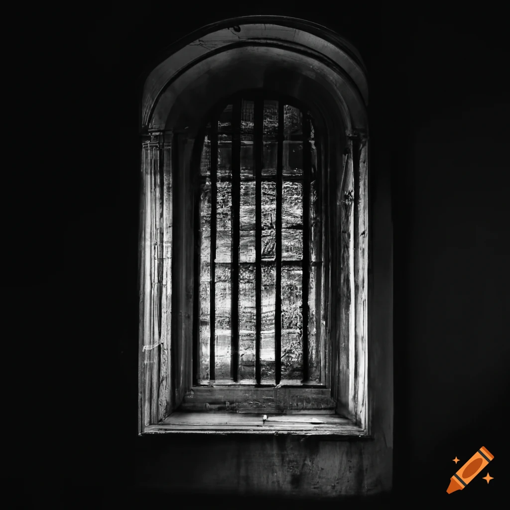 Black and white photograph of an iron window with warped clear glass on ...