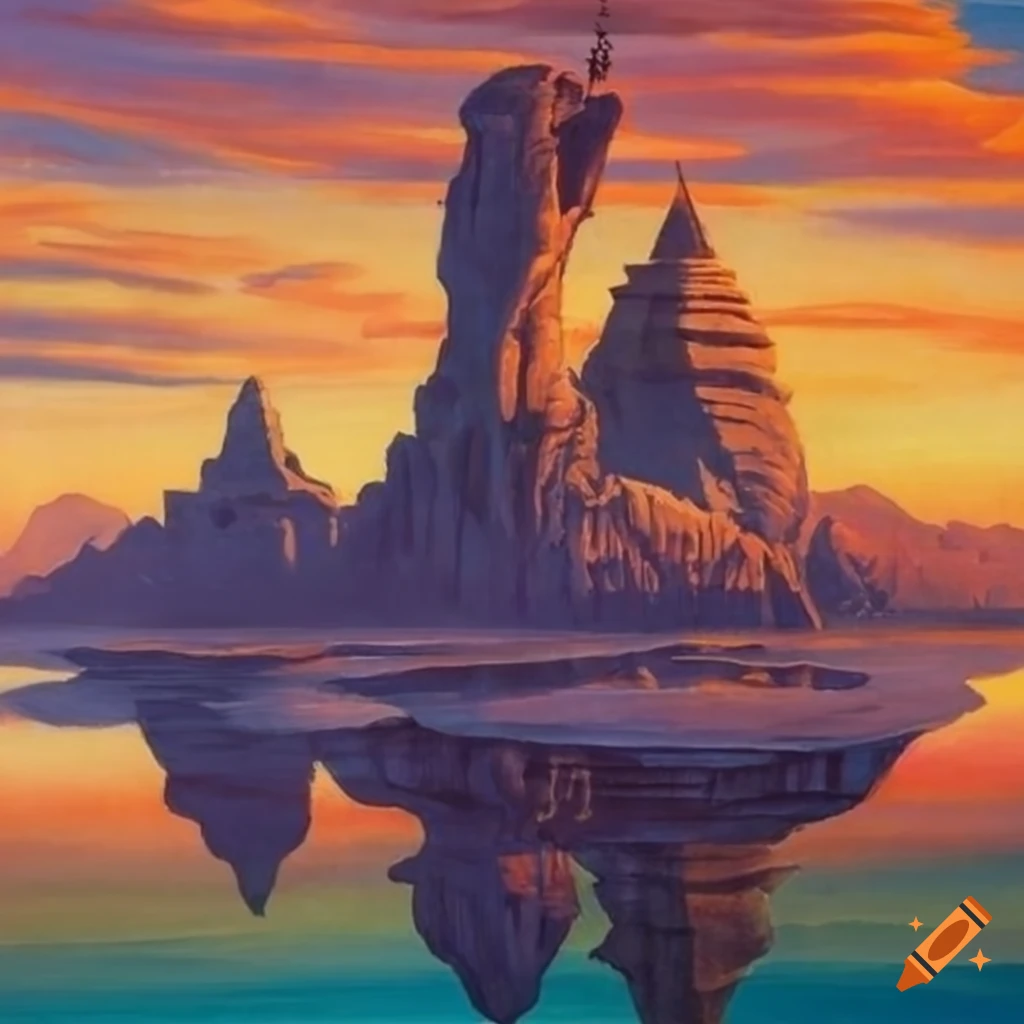 Rock formations emerging from a lake with a floating island and fantasy ...