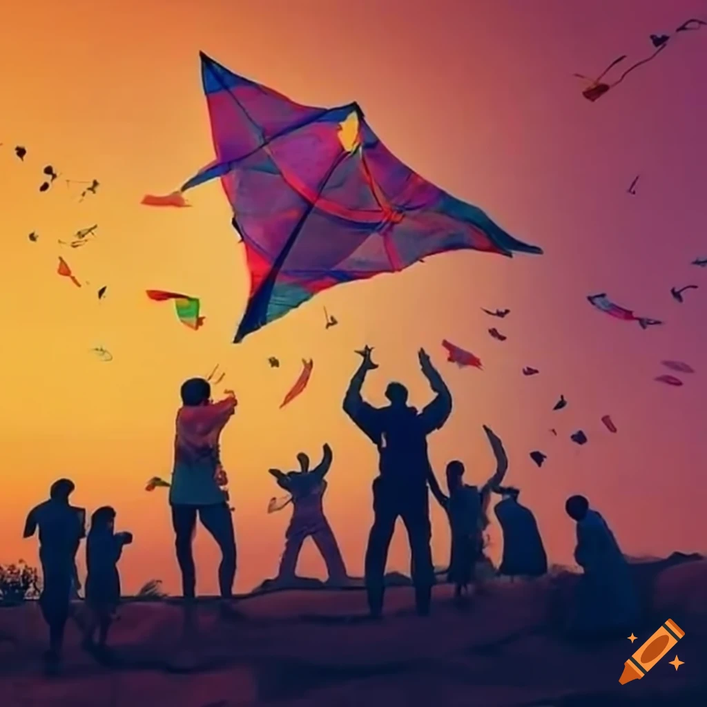 Friends flying a kite on house rooftops in rural Tamil Nadu on Craiyon