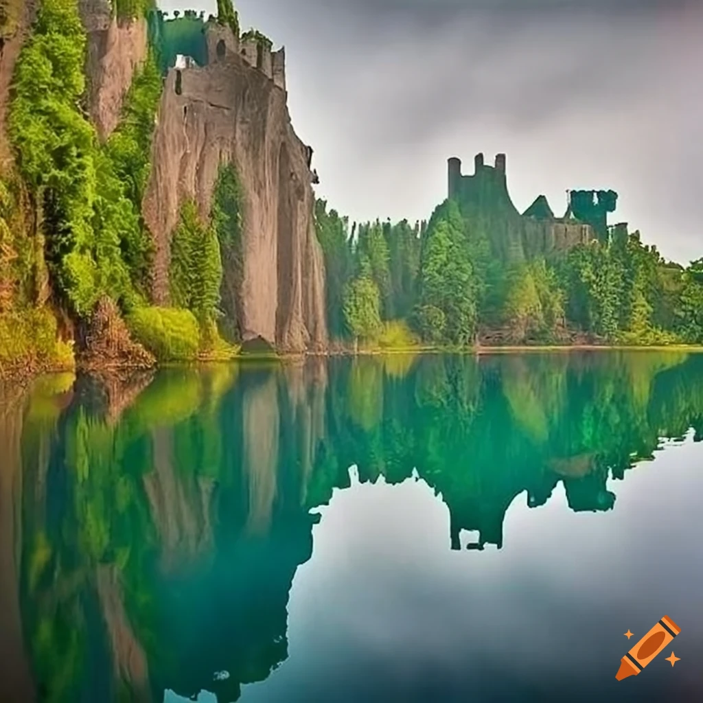 Majestic rock formations, serene lake, and floating island with a ...