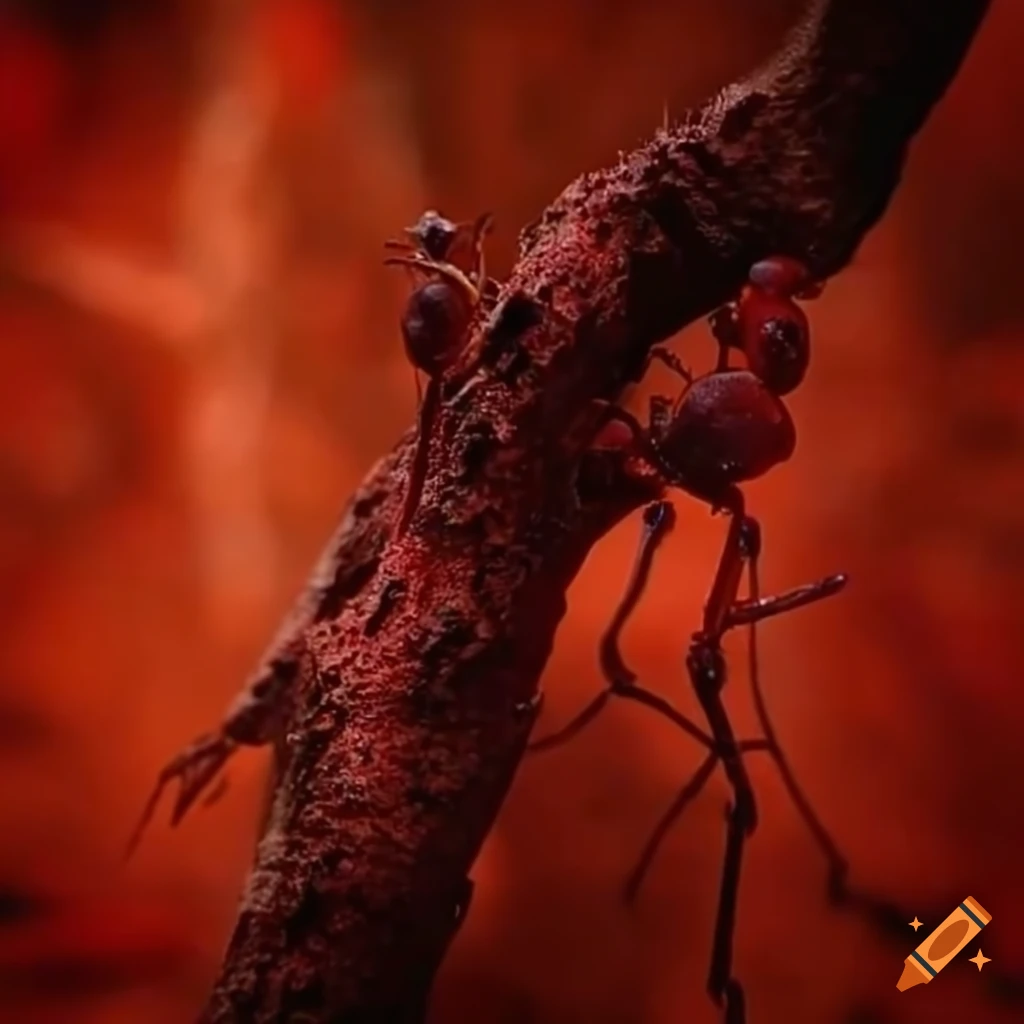 Tree infested with fluorescent red ants on Craiyon