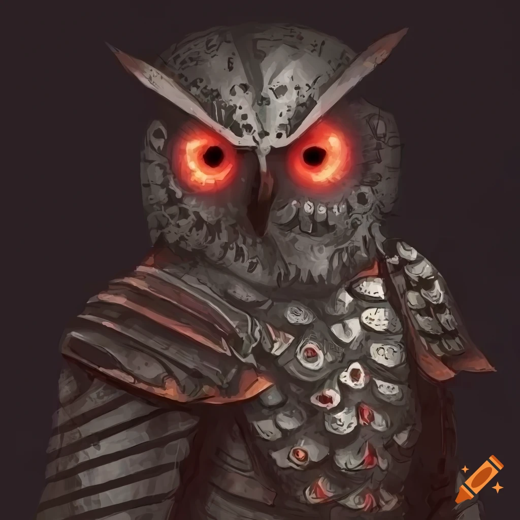 Humanoid owl in metal armor in a Middle Ages board game style on Craiyon