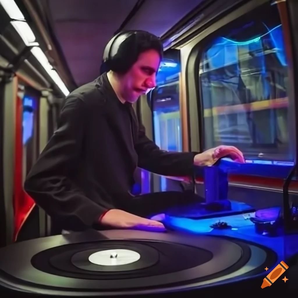 Dj spinning beats on turntables in the underground train on Craiyon