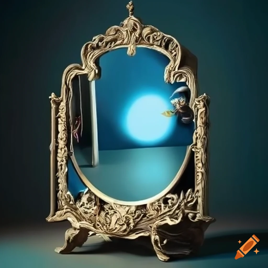 Magic mirror showing a fantasy world on a table on Craiyon