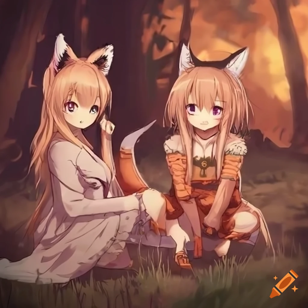 Two anime girls with fox features wandering in a medieval fantasy world ...