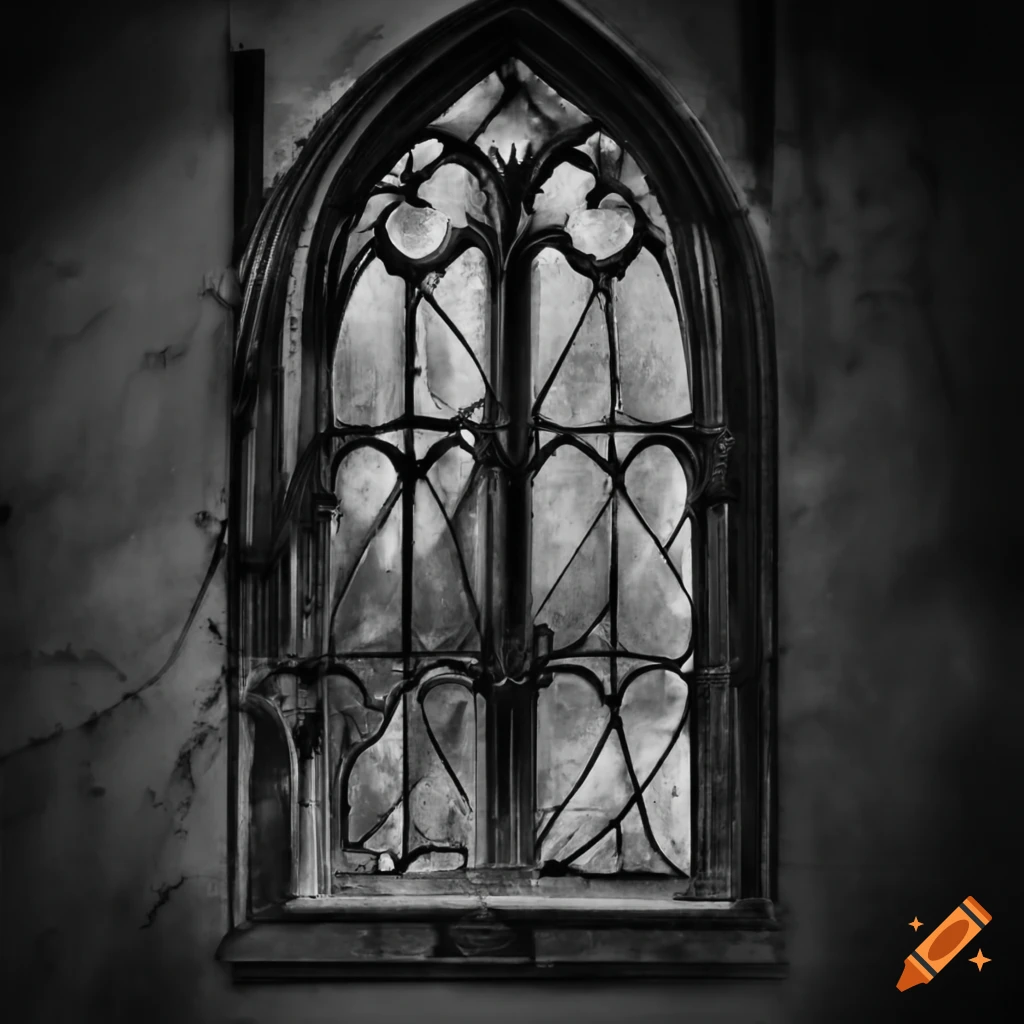 Gothic iron window with warped glass and ivy in black and white on Craiyon