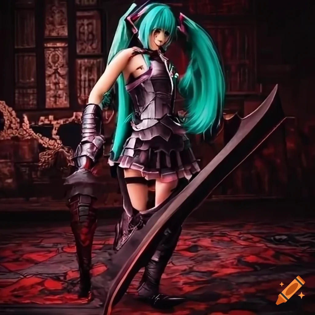Hatsune Miku in Berserker Armor with the Dragon Slayer sword on Craiyon