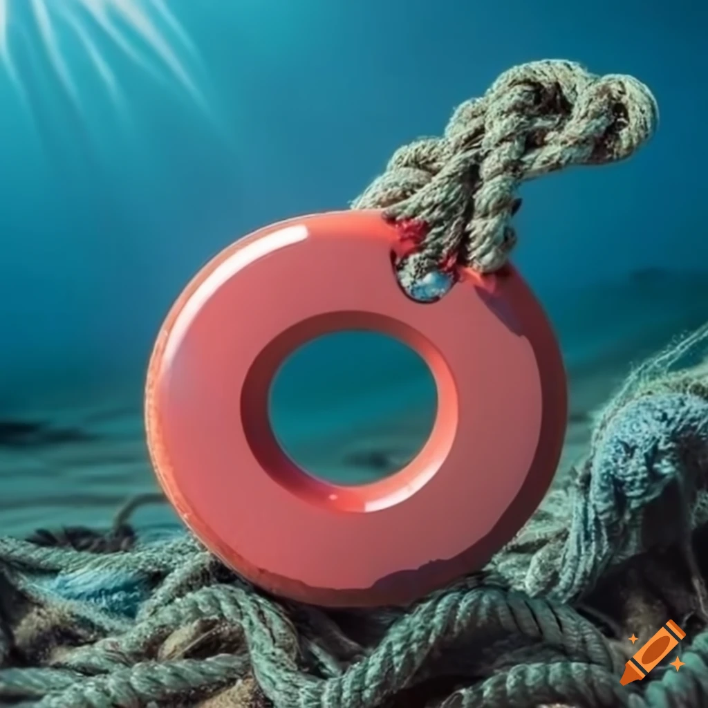 Red circular magnet attached to a rope in the deep ocean abyss with ...
