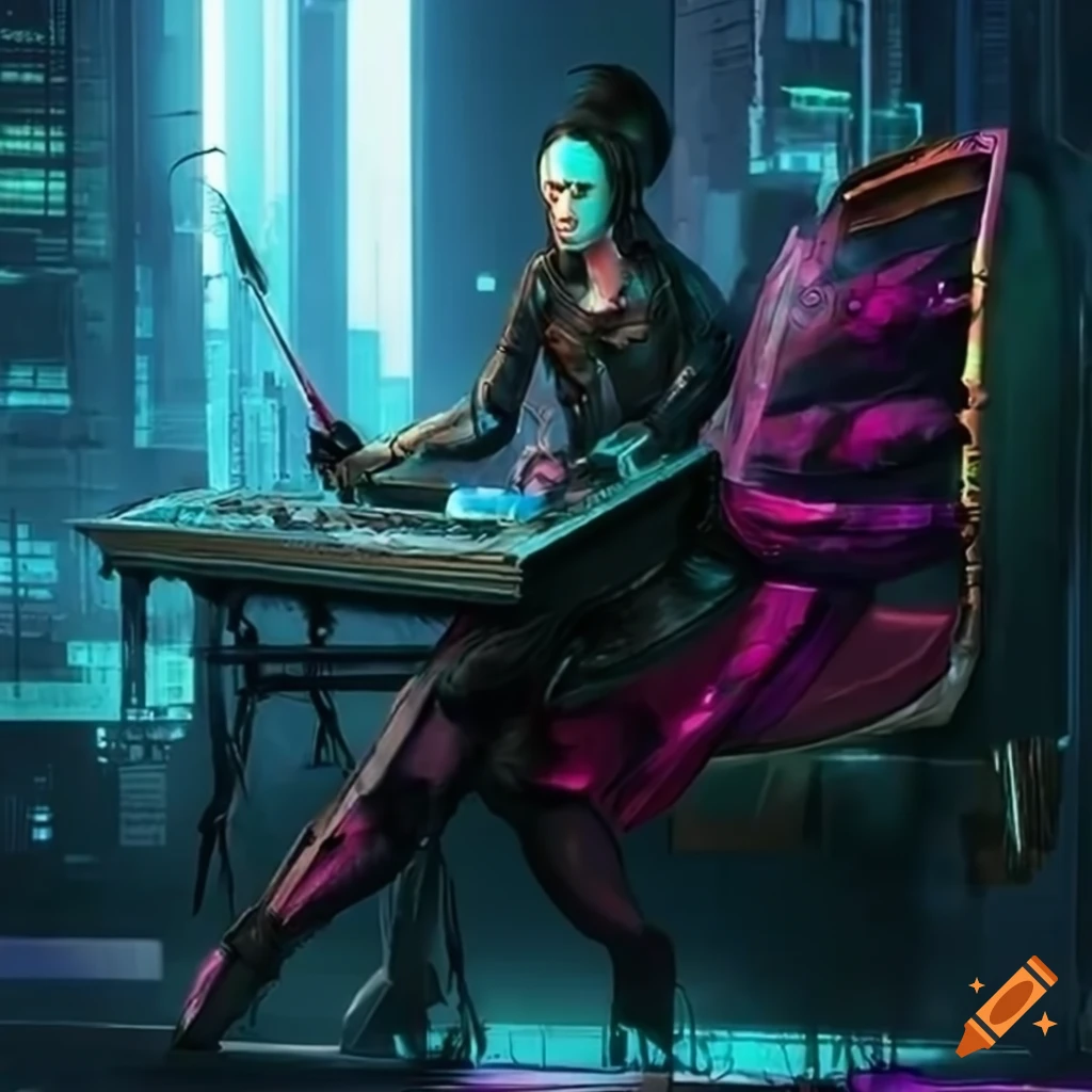 Sci-fi cyberpunk writer working on a book on Craiyon