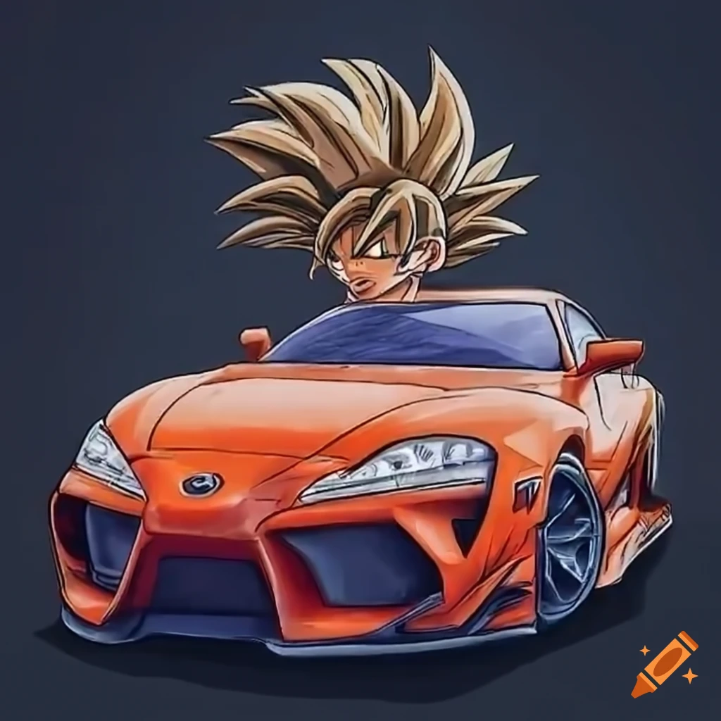 Goku standing next to a toyota supra on Craiyon