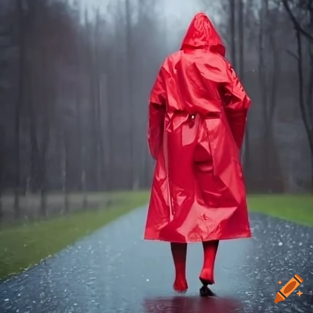 Woman wearing red raincoat standing in the rain on Craiyon