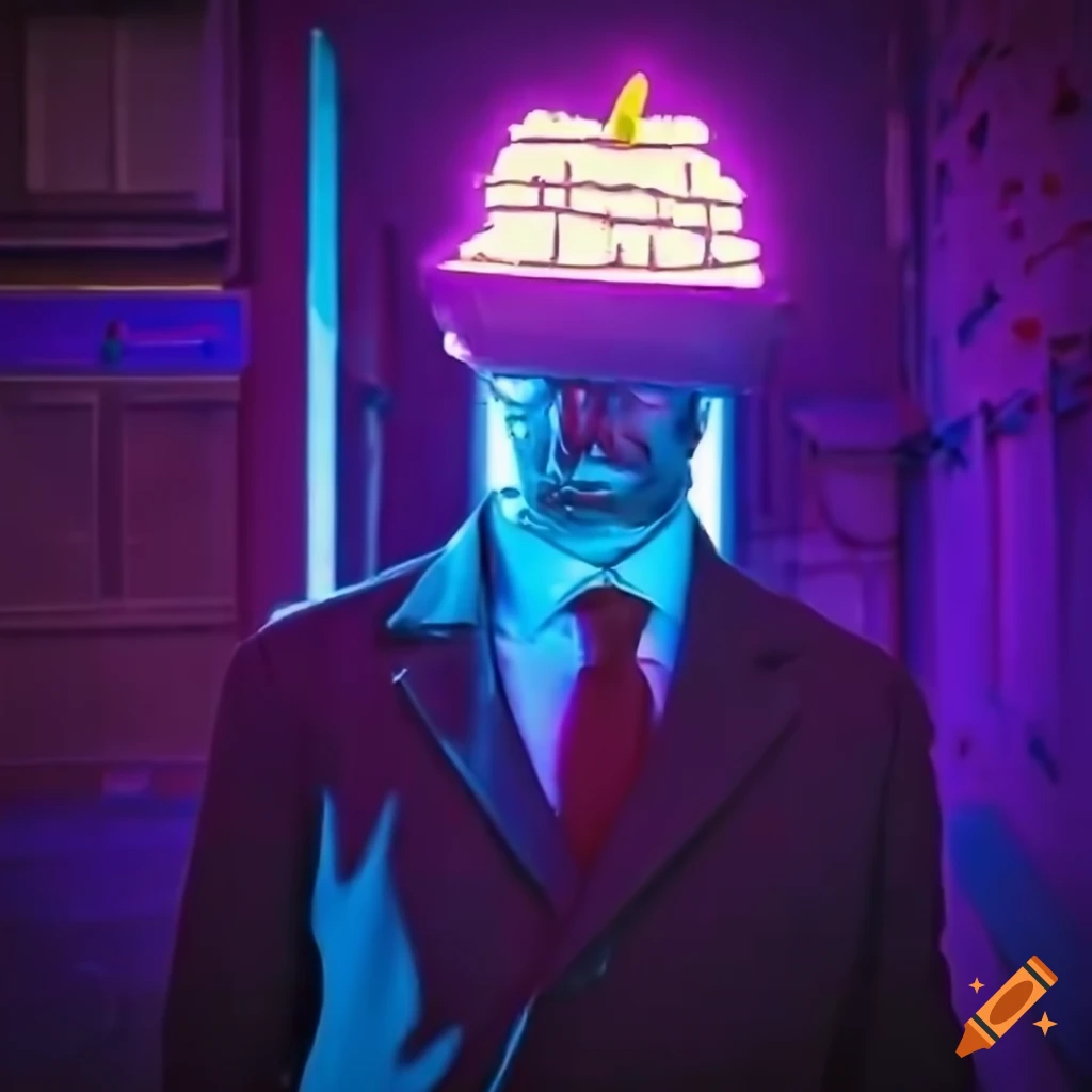Futuristic detective with a cake-shaped head in a neon-lit alleyway on ...