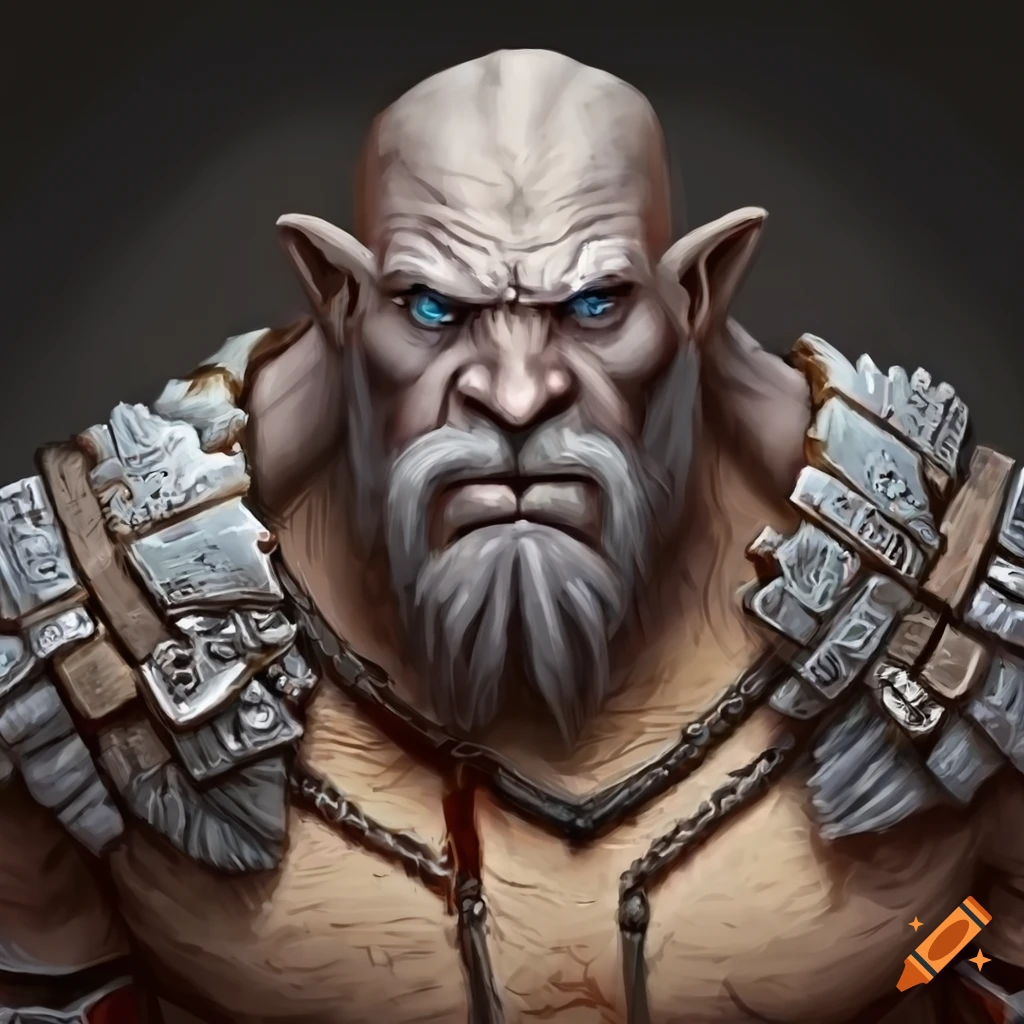 Goliath barbarian with grey skin, blue eyes, and white mustache in ...