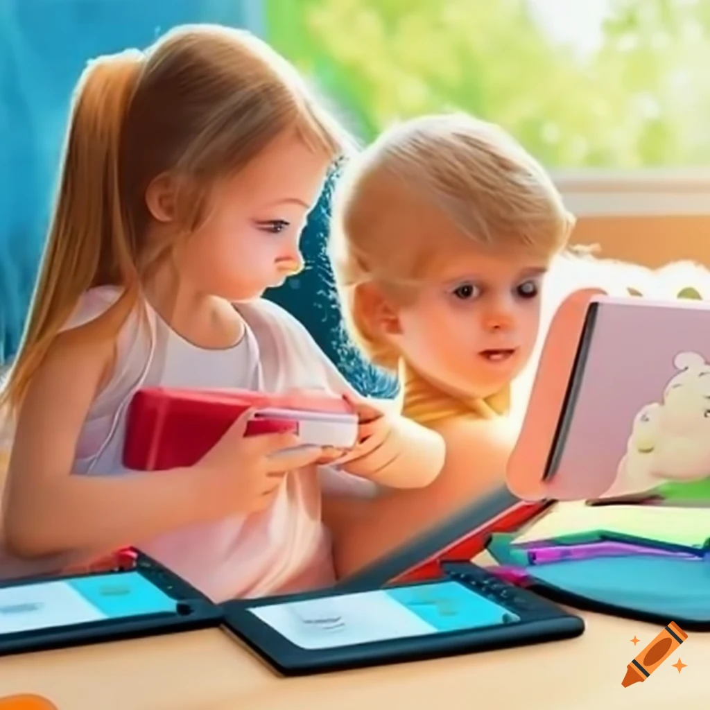 Children learning collaboratively with tablets on Craiyon