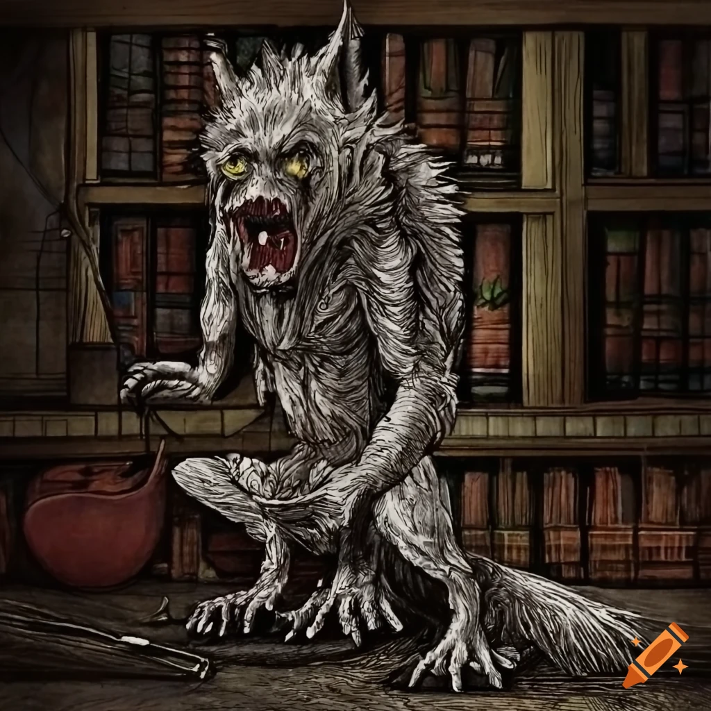 Ink drawing of a full body werewolf monster in an old manor library on ...